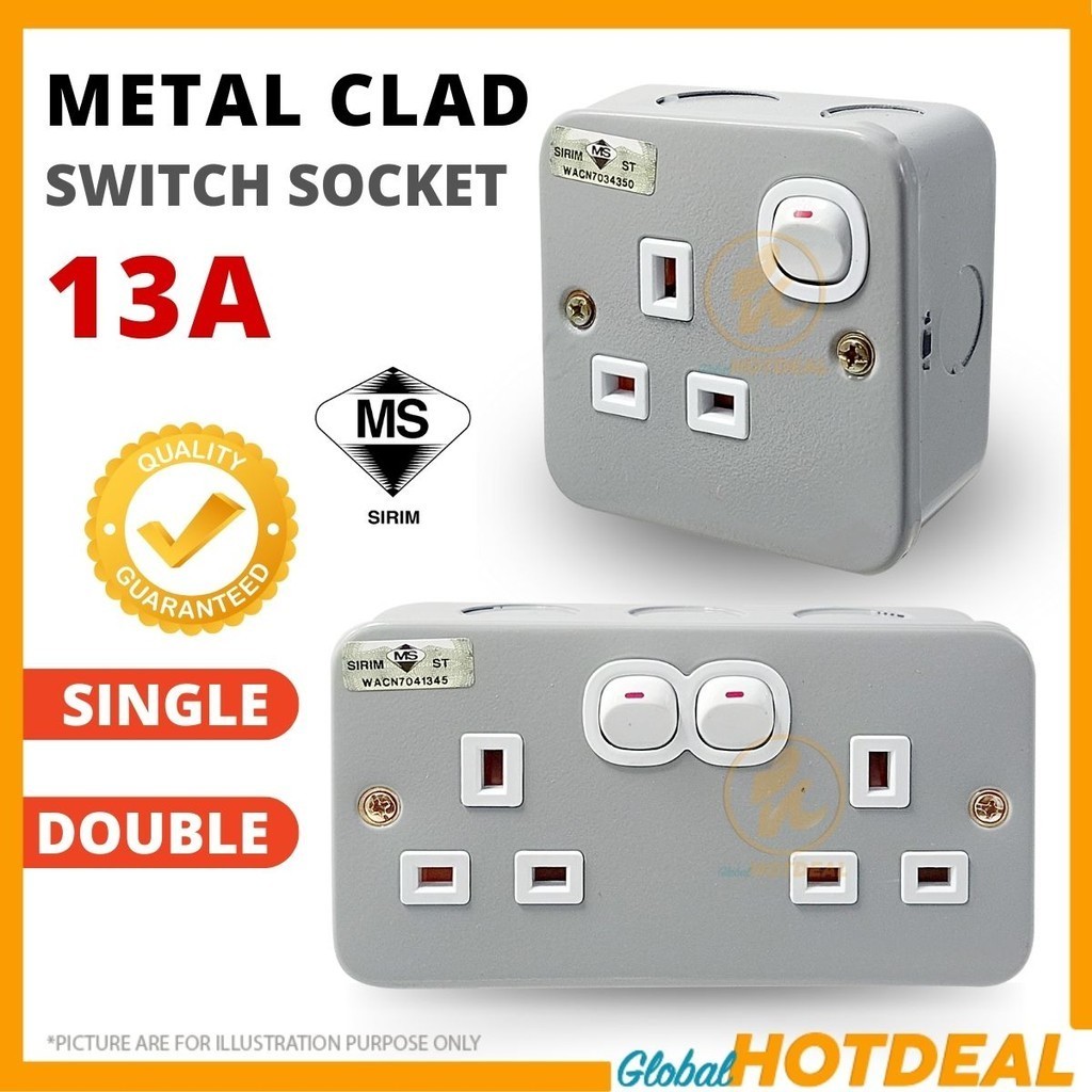 SIRIM SINGLE / DOUBLE 13A METAL SWITCH SOCKET Metal Clad Socket Outlet ...