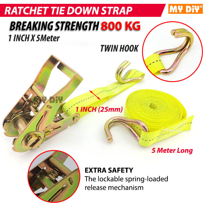 MYDIYHOMEDEPOT - RATCHET TIE DOWN STRAP 5M 1500LBS BREAKING STRENGTH CARGO STRAP TIE BELT TALI ...