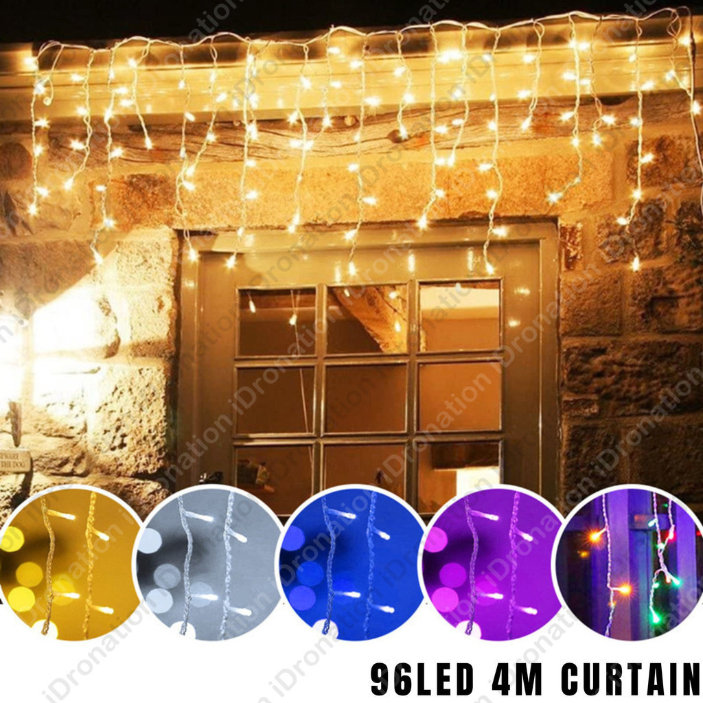 96LED 4M Outdoor Indoor Backdrop Drop Icicle Hanging Curtain Fairy ...