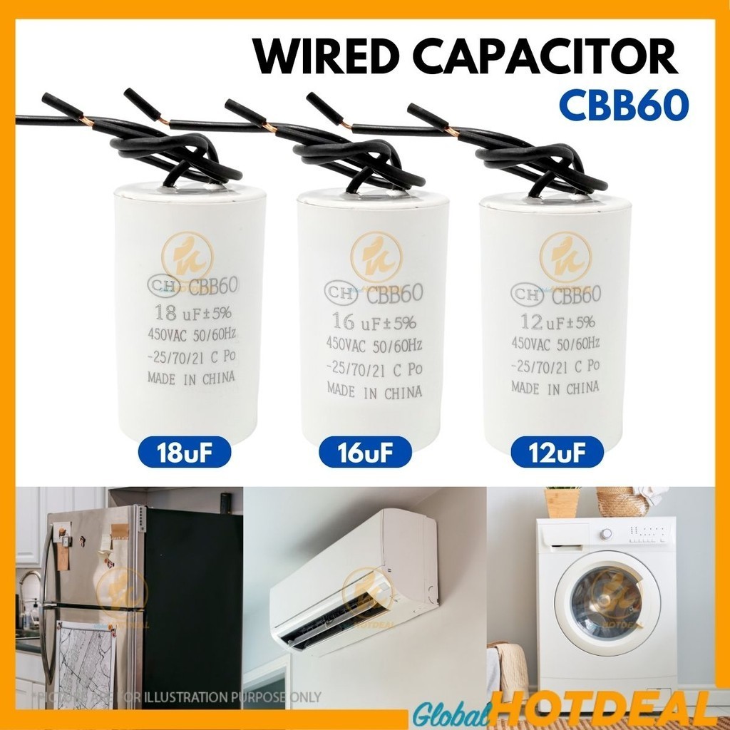 Premium Wired CBB60 12uf / 16uf / 18uf Capacitor Condensor AC Sliding ...