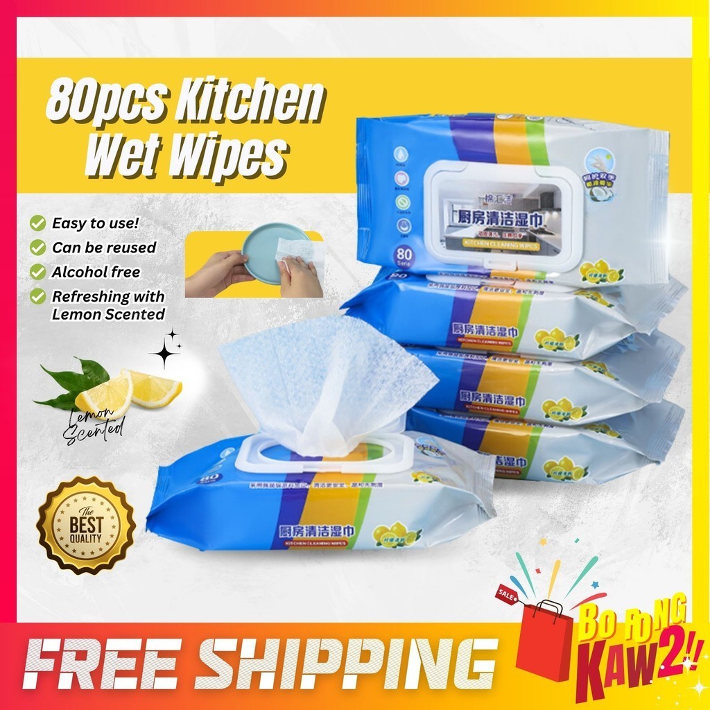 Lemon Scent 80pcs Kitchen Wet Wipes Cleaning Tissue Heavy Duty Reusable ...