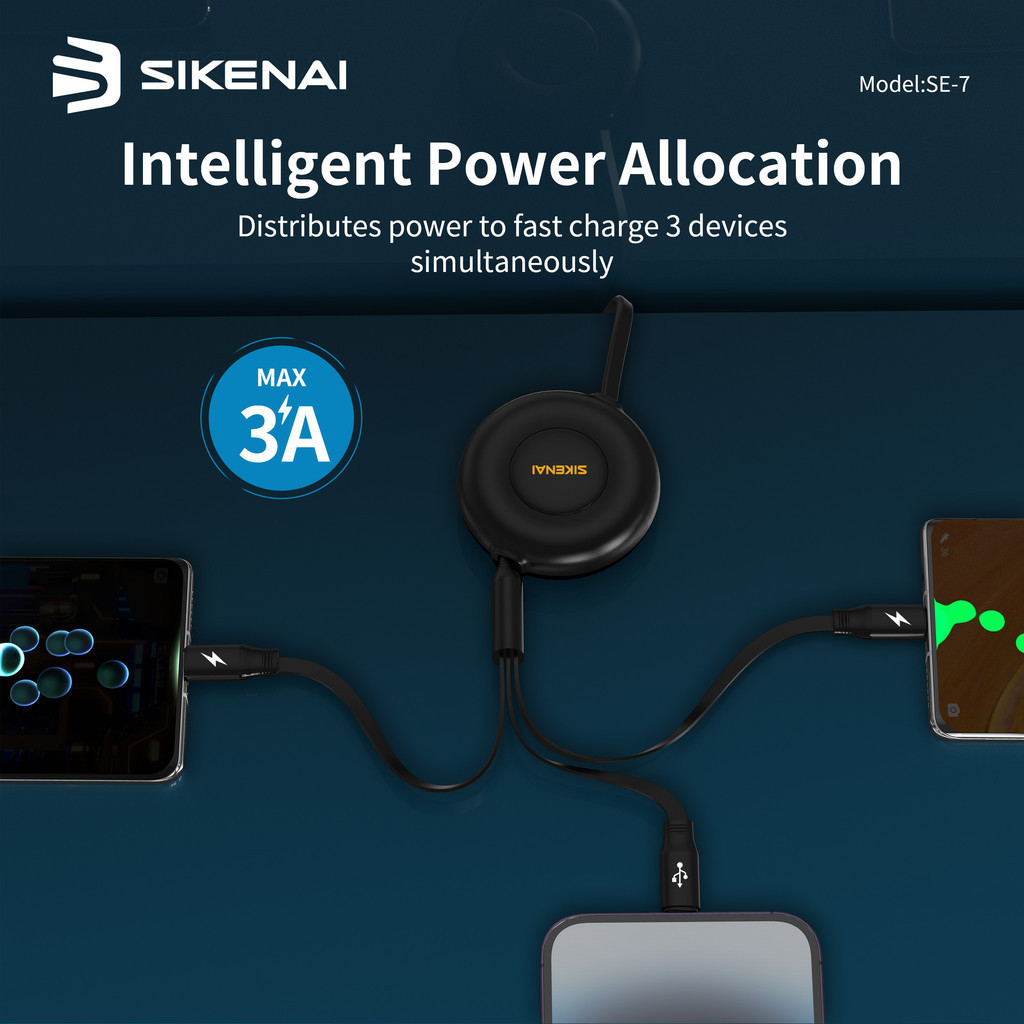 SIKENAI SE-07 3A High Current Metal 3-in-1 Flat Retractable Storage ...