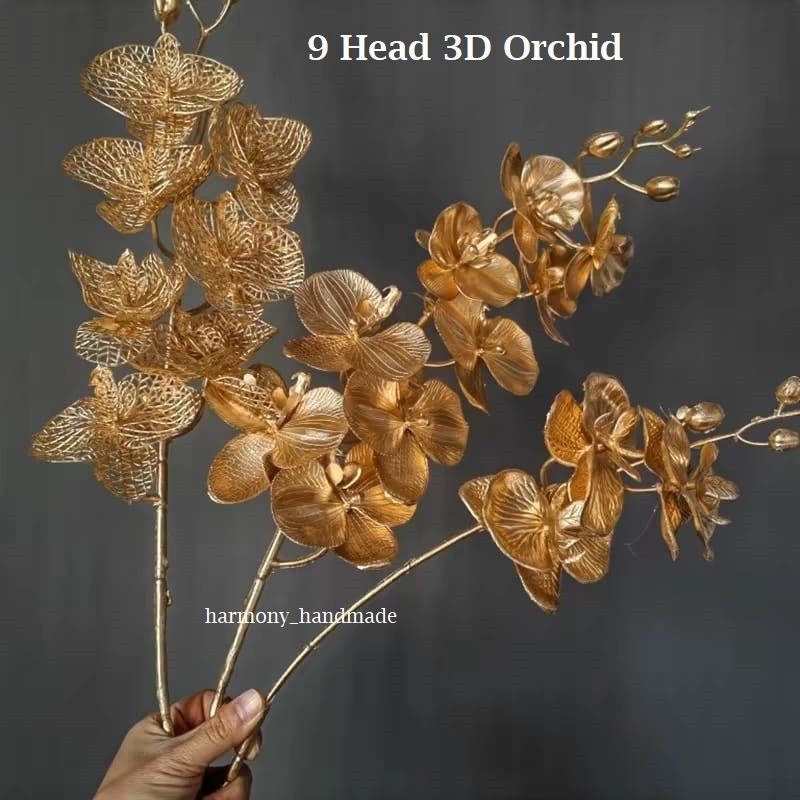 9head Orchid Premium Gold Latex 3D Bunga Orkid Emas Artificial Hiasan ...