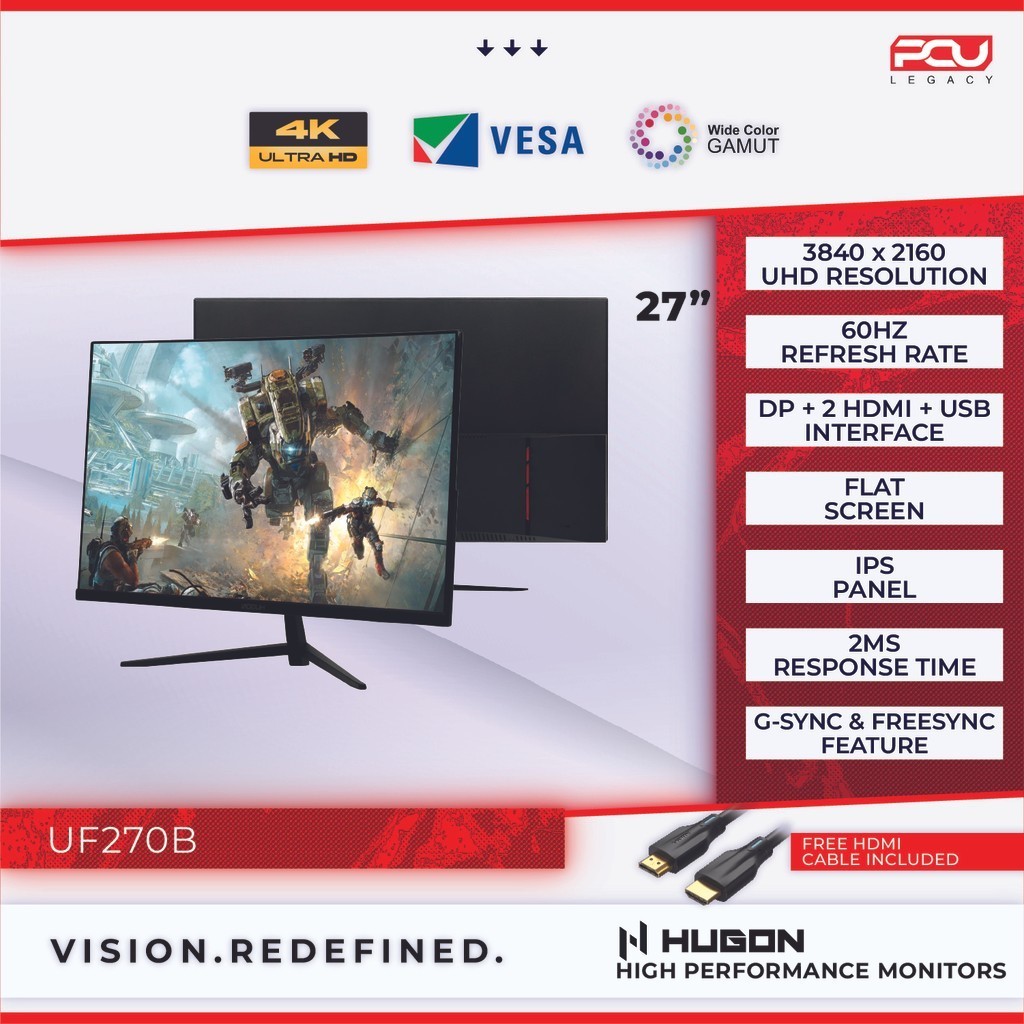 HUGON FLAT 27" 60Hz BLACK/WHITE 4K UHD HIGH PERFOMANCE GAMING MONITOR ...