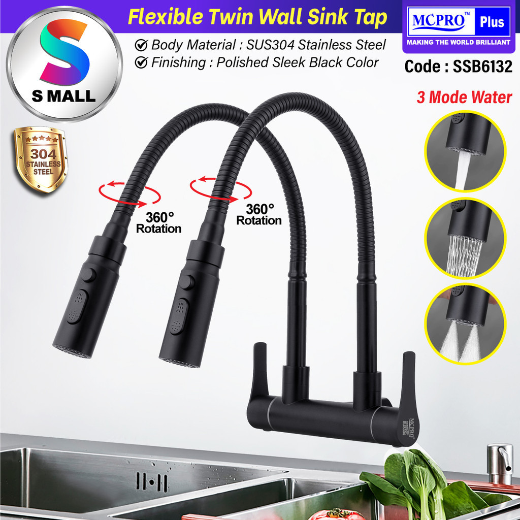 MCPRO SUS304 Stainless Steel Kitchen Faucet BLACK Flexible Twin Wall ...
