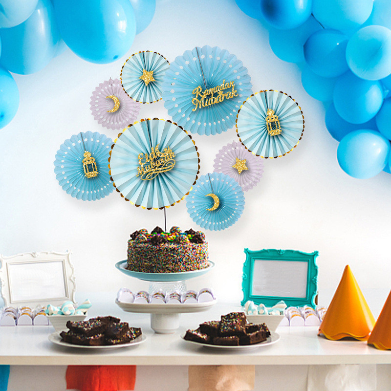 8pcs 2025 Hari Raya Indoor Decoration Eid Paper Fan Flower Set Backdrop ...