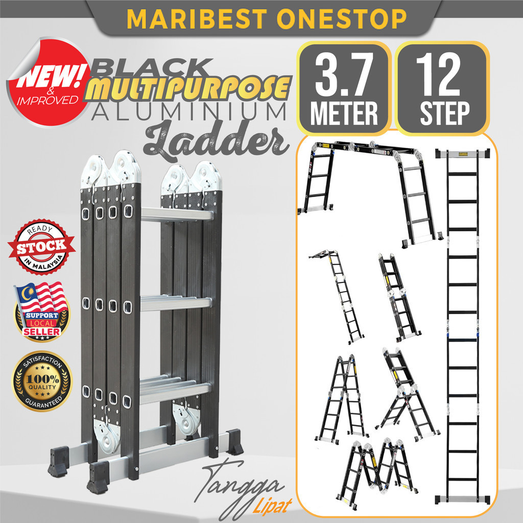 12 STEP (3.7M) Black Aluminium Multipurpose Ladder Folding Double Sided ...