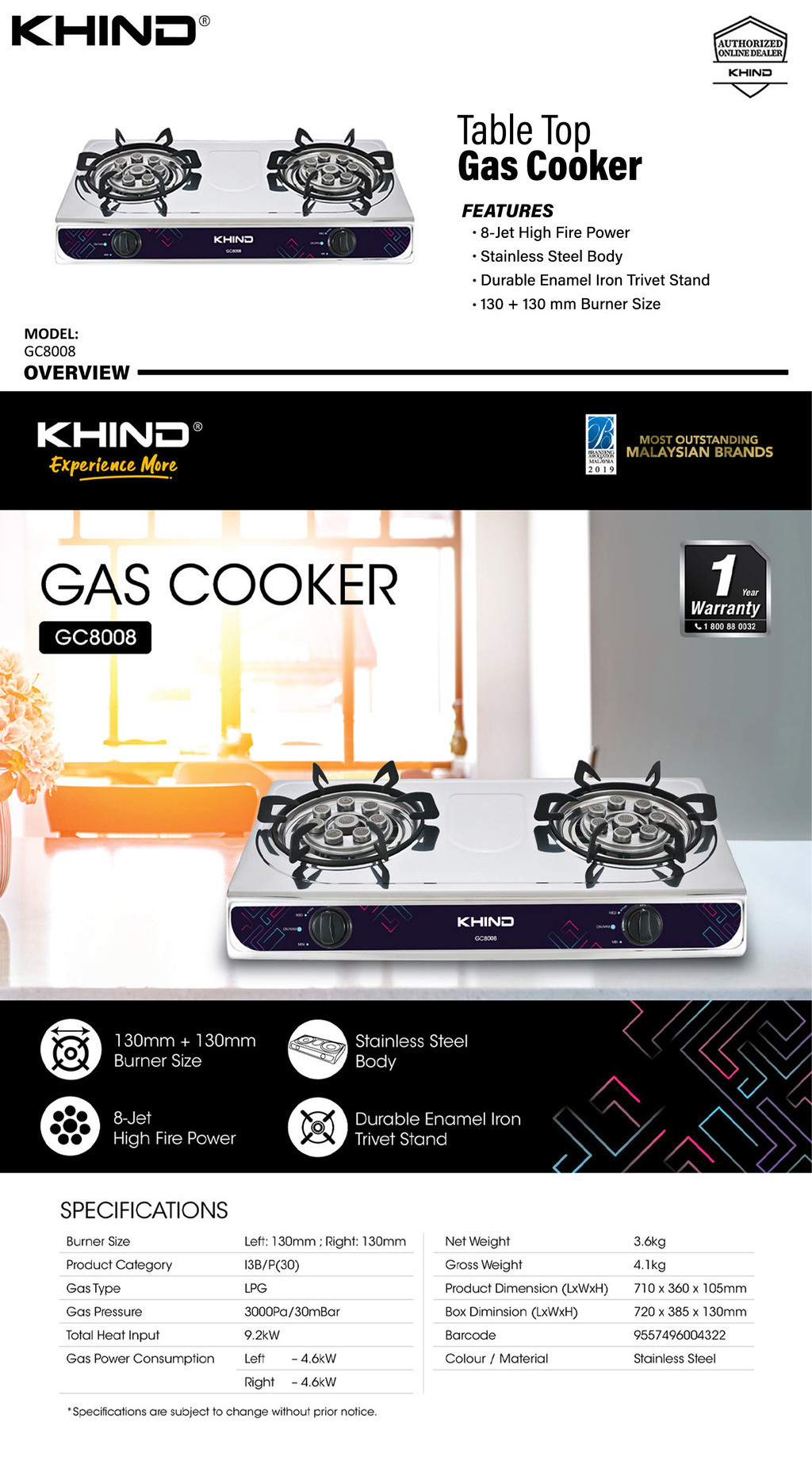 Khind 8-Jets High Fire Power Gas Cooker GC8008 | Shopee Malaysia