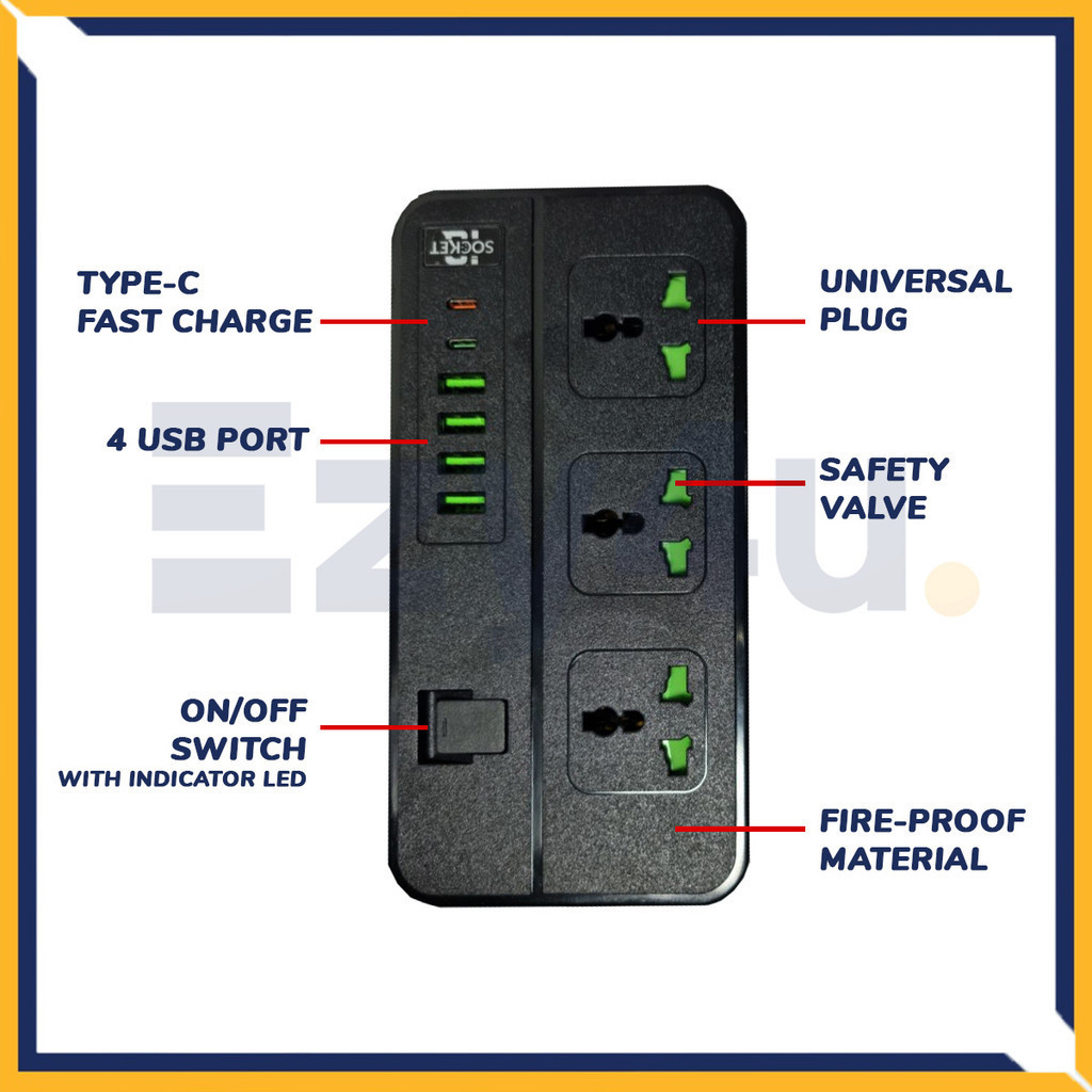 Universal 3 Power Socket Extension With USB Ports Power Strip Surge ...