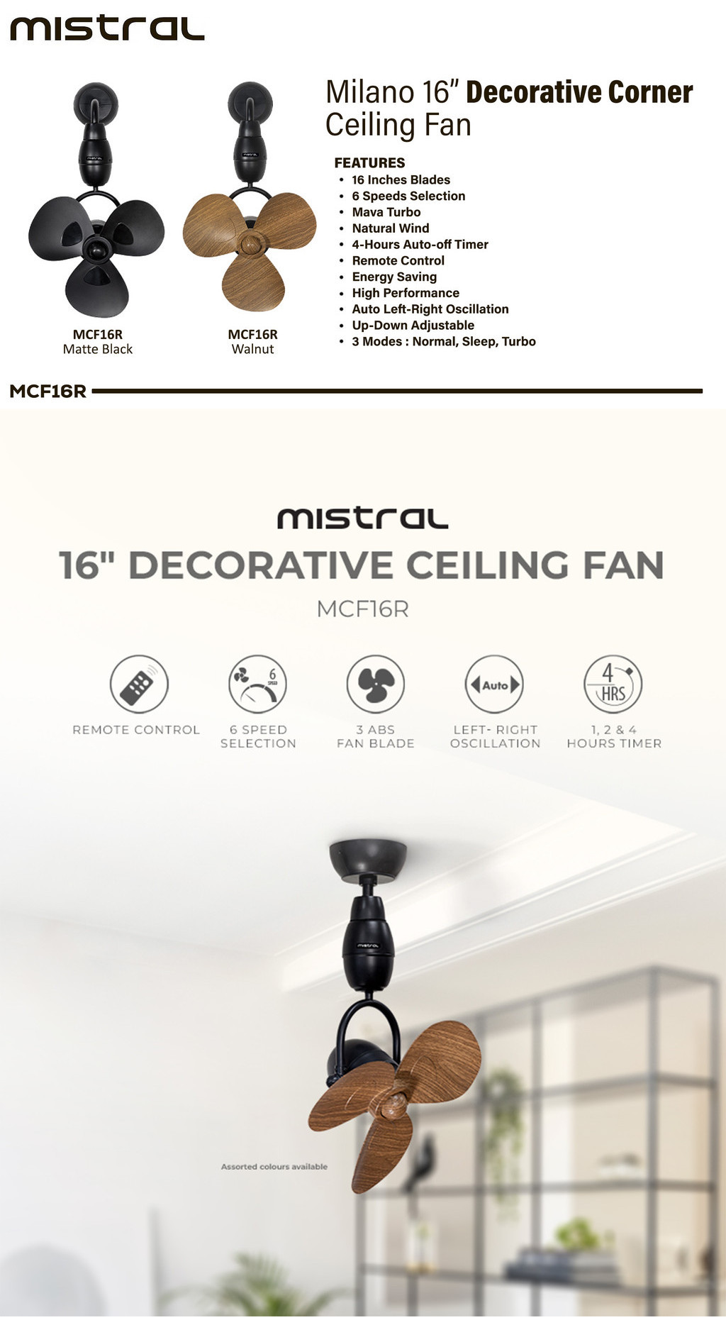Mistral Milano Design DC Motor Corner Wall Ceiling Fan Matte Black ...