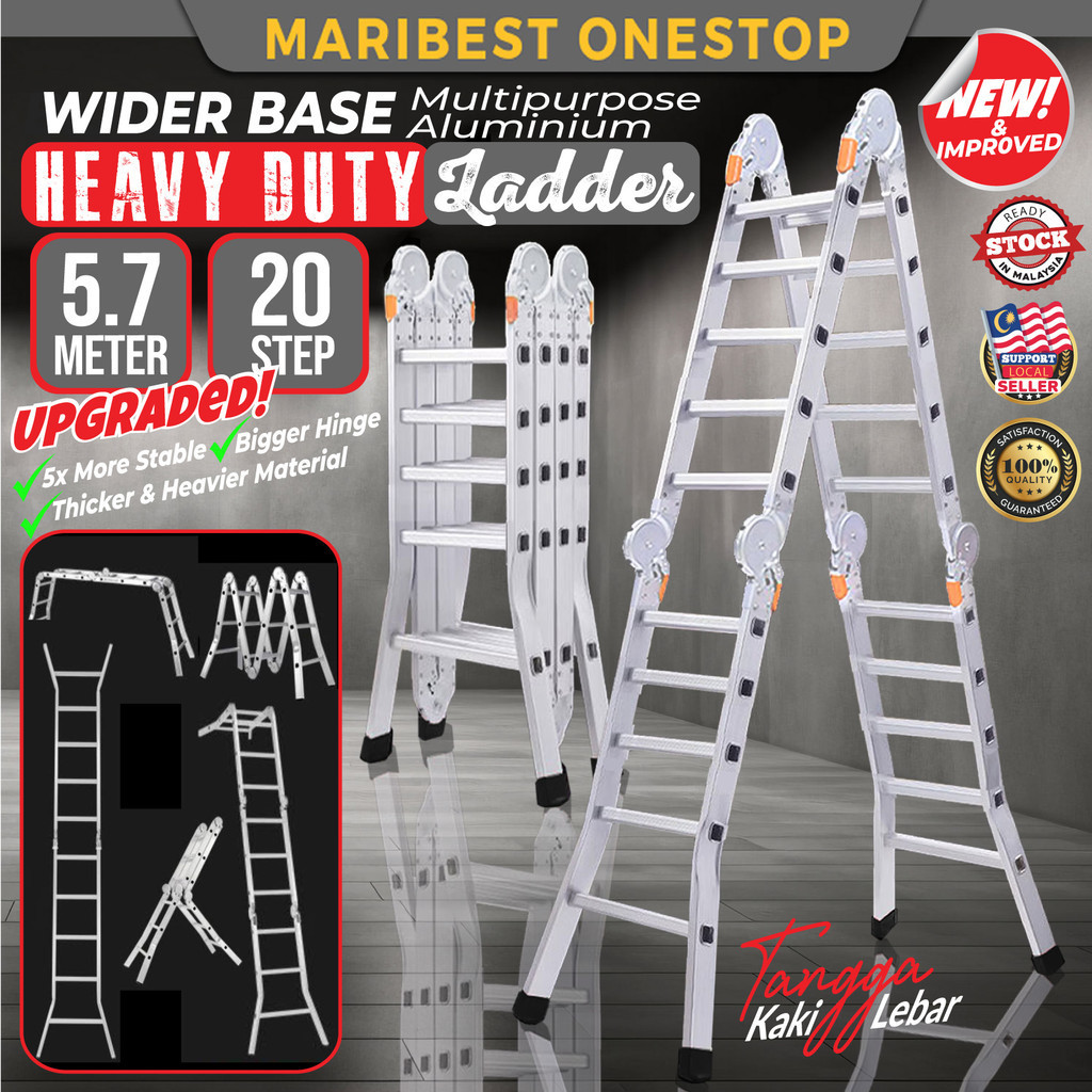 5.7M 20 Step Wider Base Heavy Duty Foldable Ladder Multipurpose ...