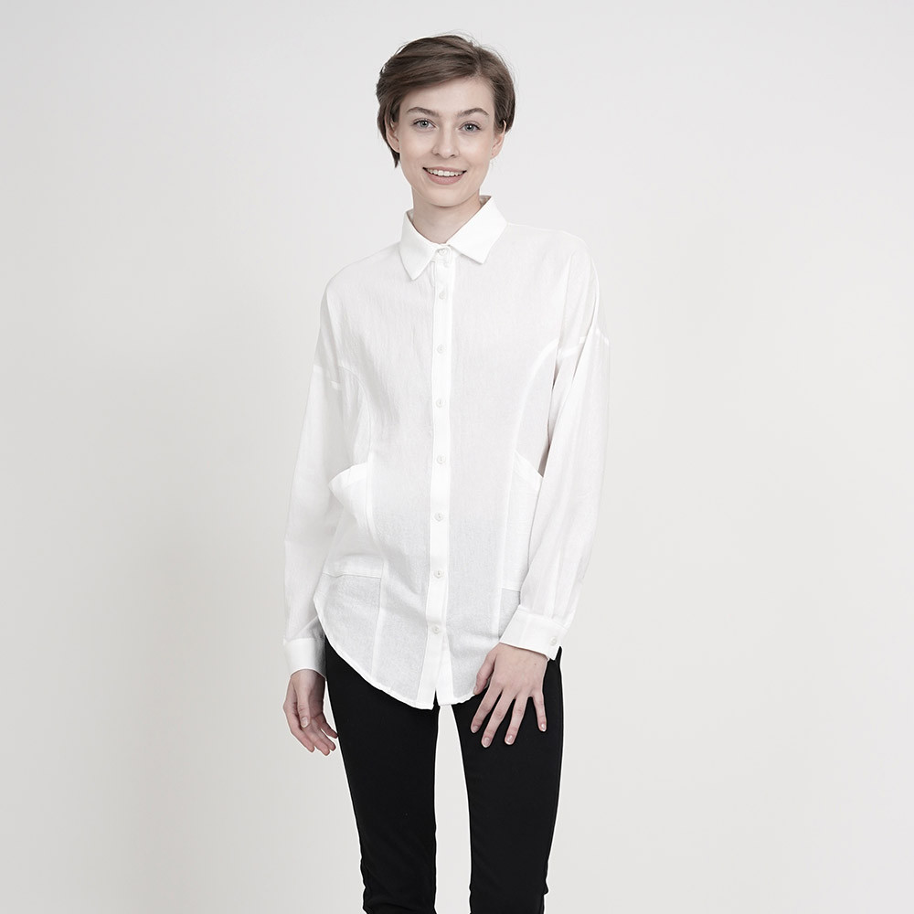 Nicole Collar Button Up Long Sleeve with Patch Pocket Curved Hem Long ...