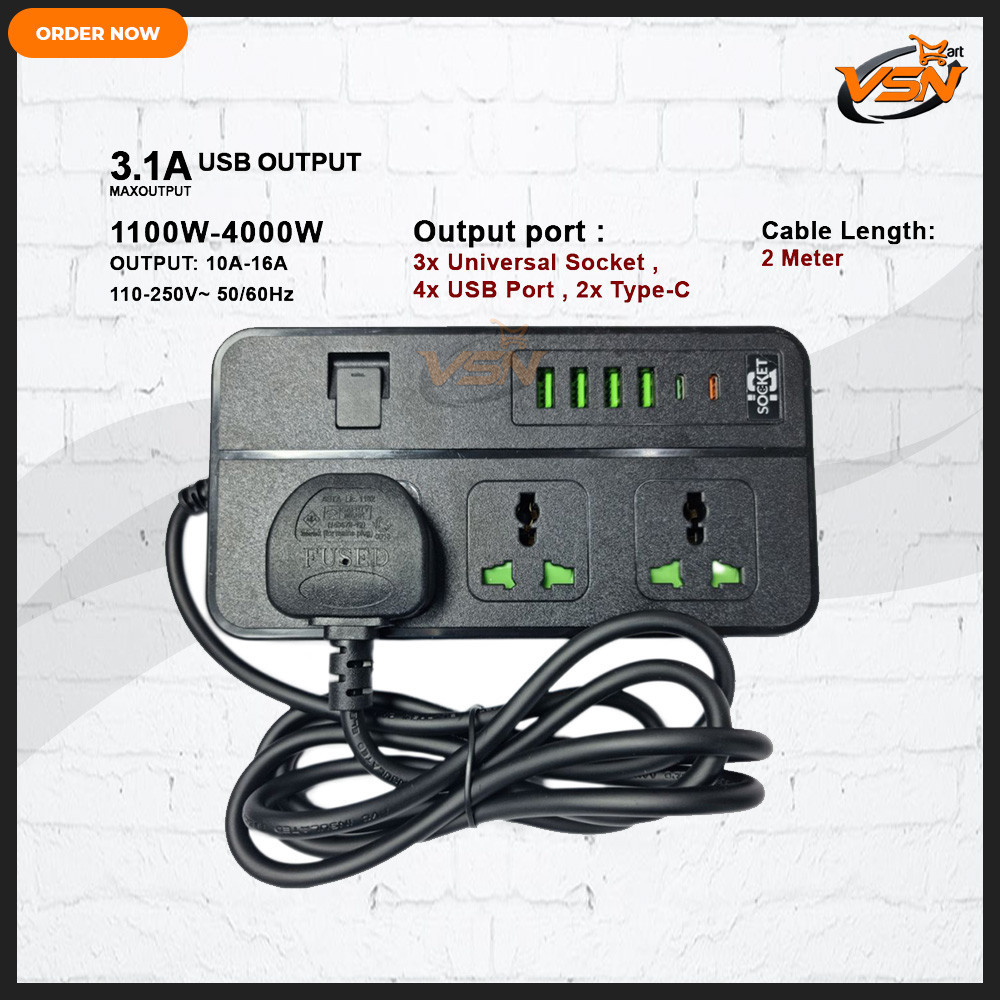 Universal 3 Power Socket Extension With USB Ports Power Strip Surge ...