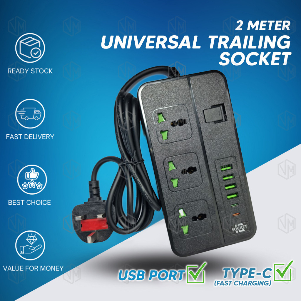 Universal 3 Power Socket Extension Plug With USB Port Type-C Power Strip Surge Protector Adapter ...