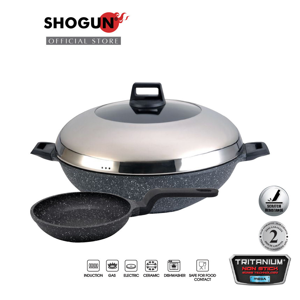 Shogun Senjo Plus Non-stick Set: 40cm Marble Wok with Stainless Steel Glass Lid (IH), + 14cm ...