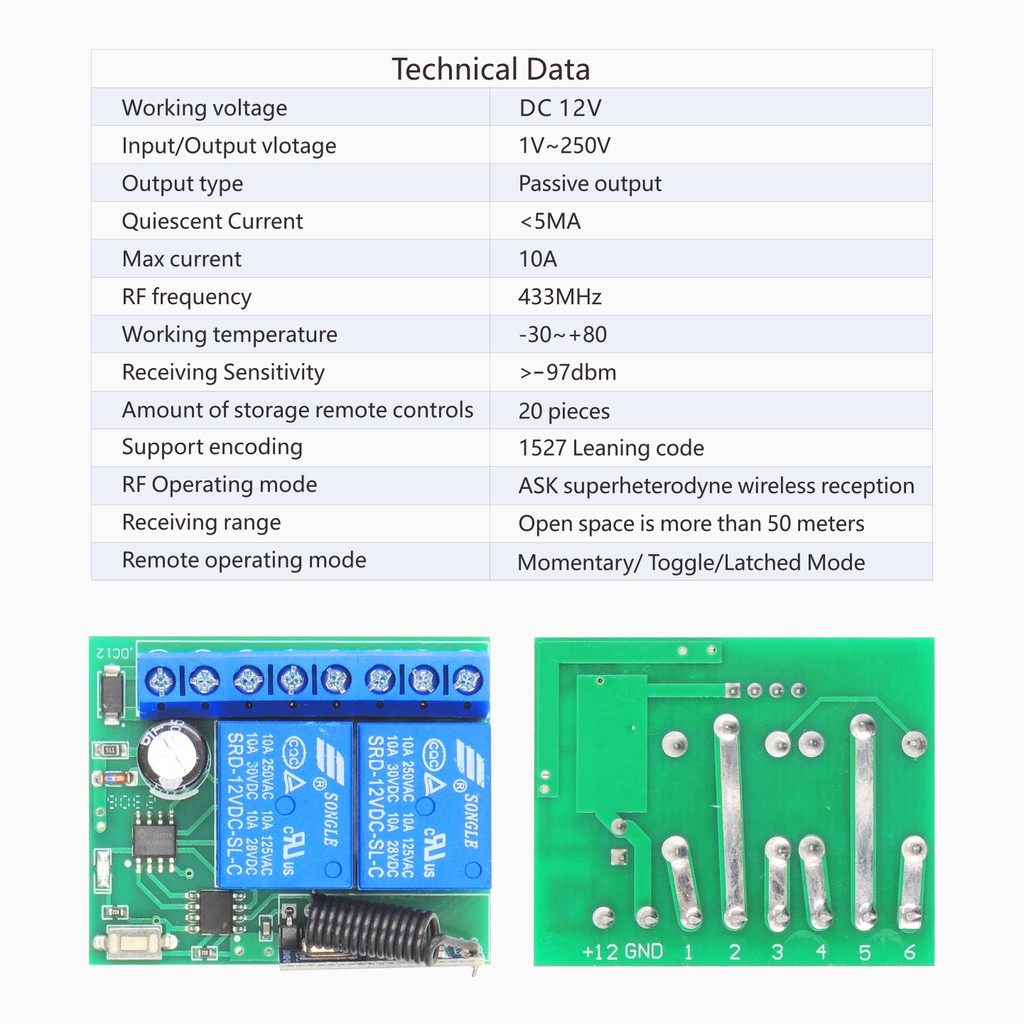 RF 433MHz 2 Channel Wireless remote control switch,2 way DC 12V Relay ...