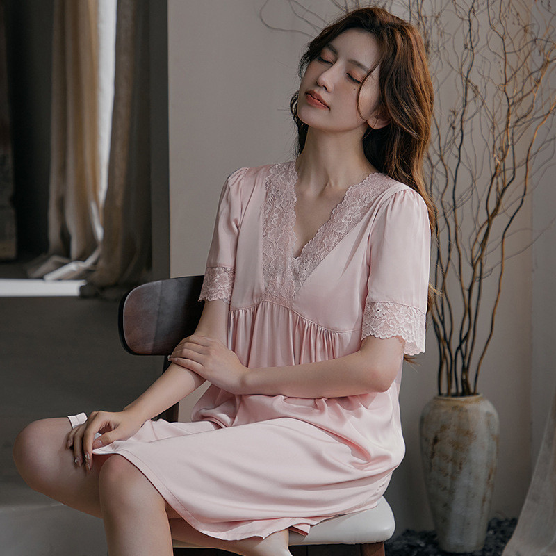 Women's Spring/Summer Lace Sexy Nightdress Ice Silk Short Sleeves Large Size Nightwear | Shopee ...