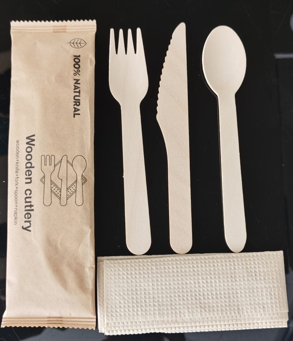 4 in 1 Wooden Cutlery - 16cm Spoon / Fork / Knife / Napkin [ 1set ...