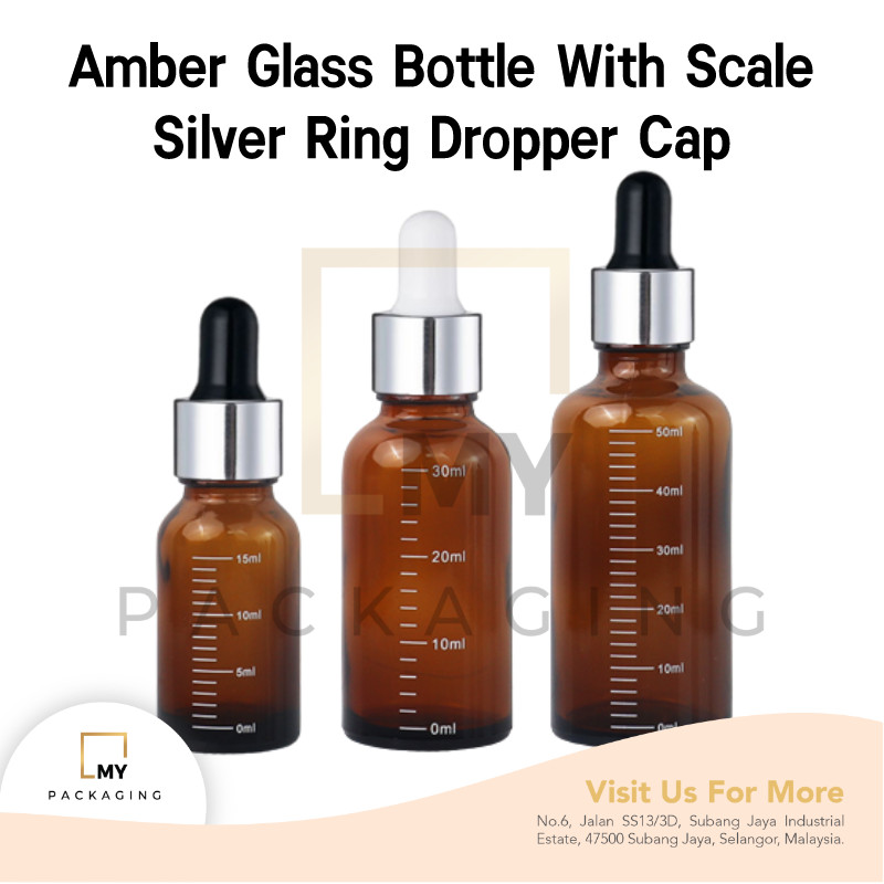 Amber Glass Bottle With Scale 15ml to 50ml + Silver Ring Glass Dropper ...