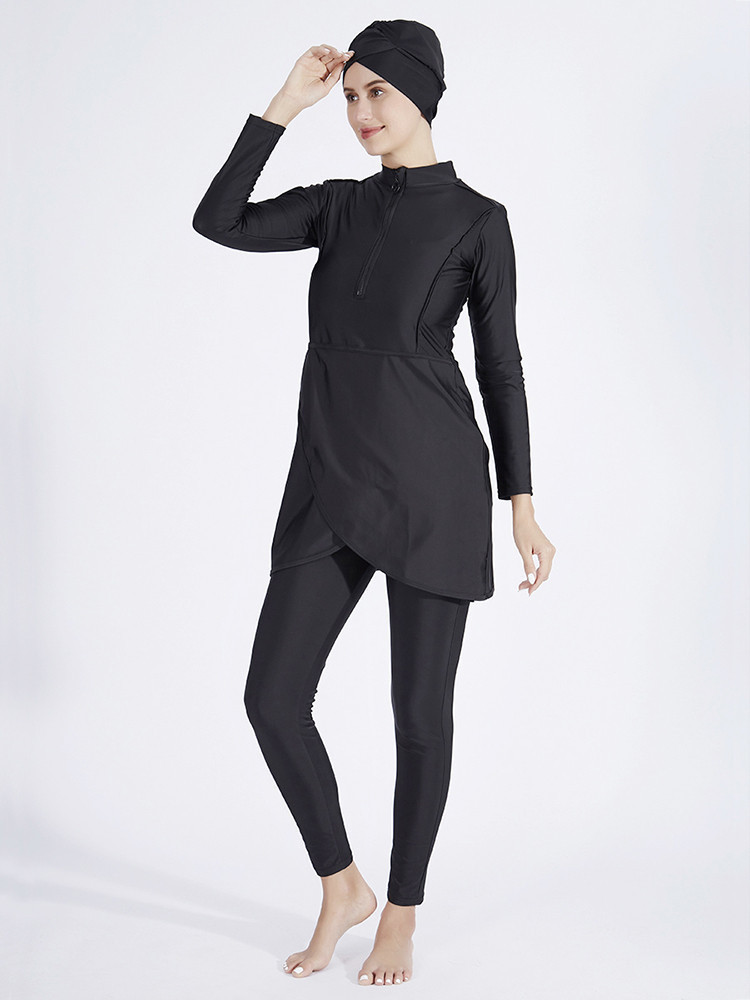 Black Ruffle Muslim Swimwear Burkini 3pcs with Bra Padding Hijab Long ...