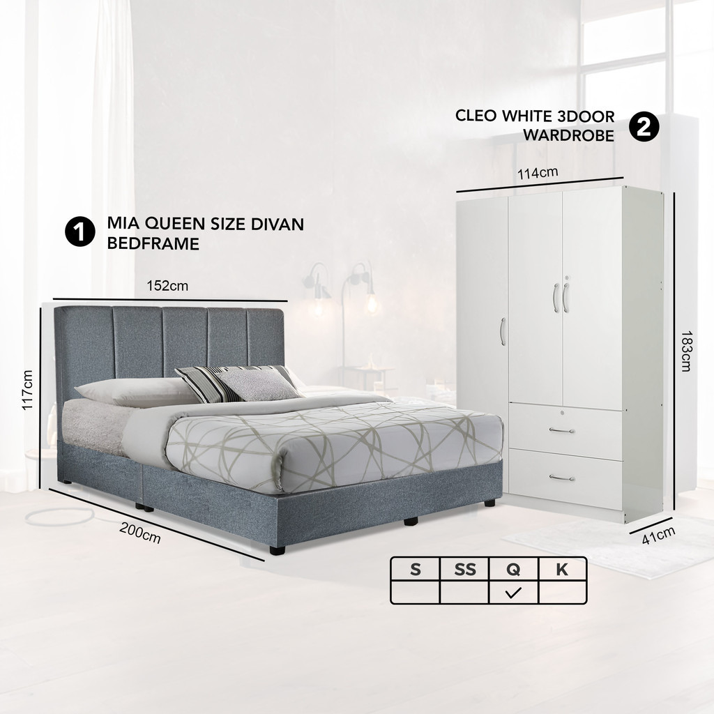 🔥BEDROOM SET🔥MIA_Queen Size Bed Frame + CLEO 3D Wardrobe/Divan Bed ...