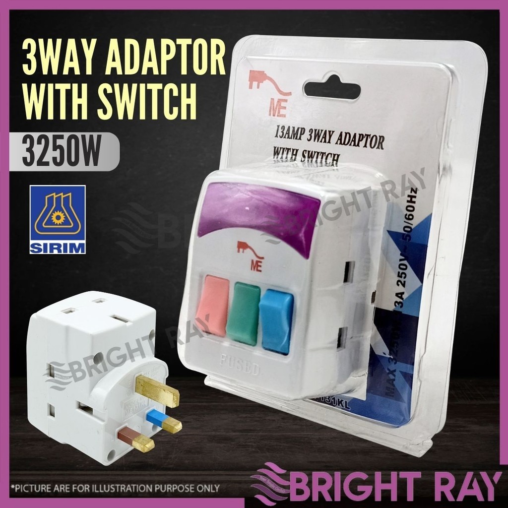 SIRIM 3 Way Adaptor Switch Socket 3250W 13A Fuse Adaptor Plug Extension ...