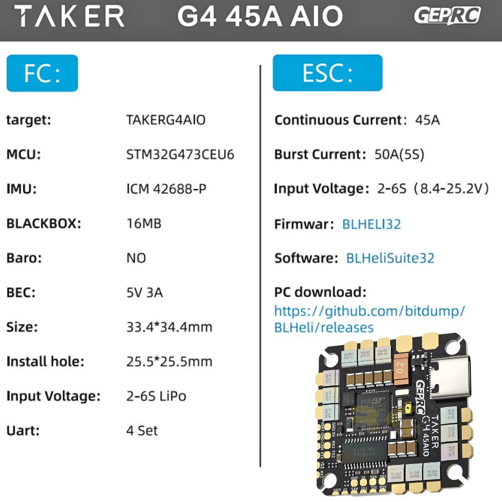 GEPRC TAKER G4 45A AIO 2-6S G4 FC 45A 4in1 ESC 25.5x25.5mm for Cinebot25 and Tern-LR40 FPV ...