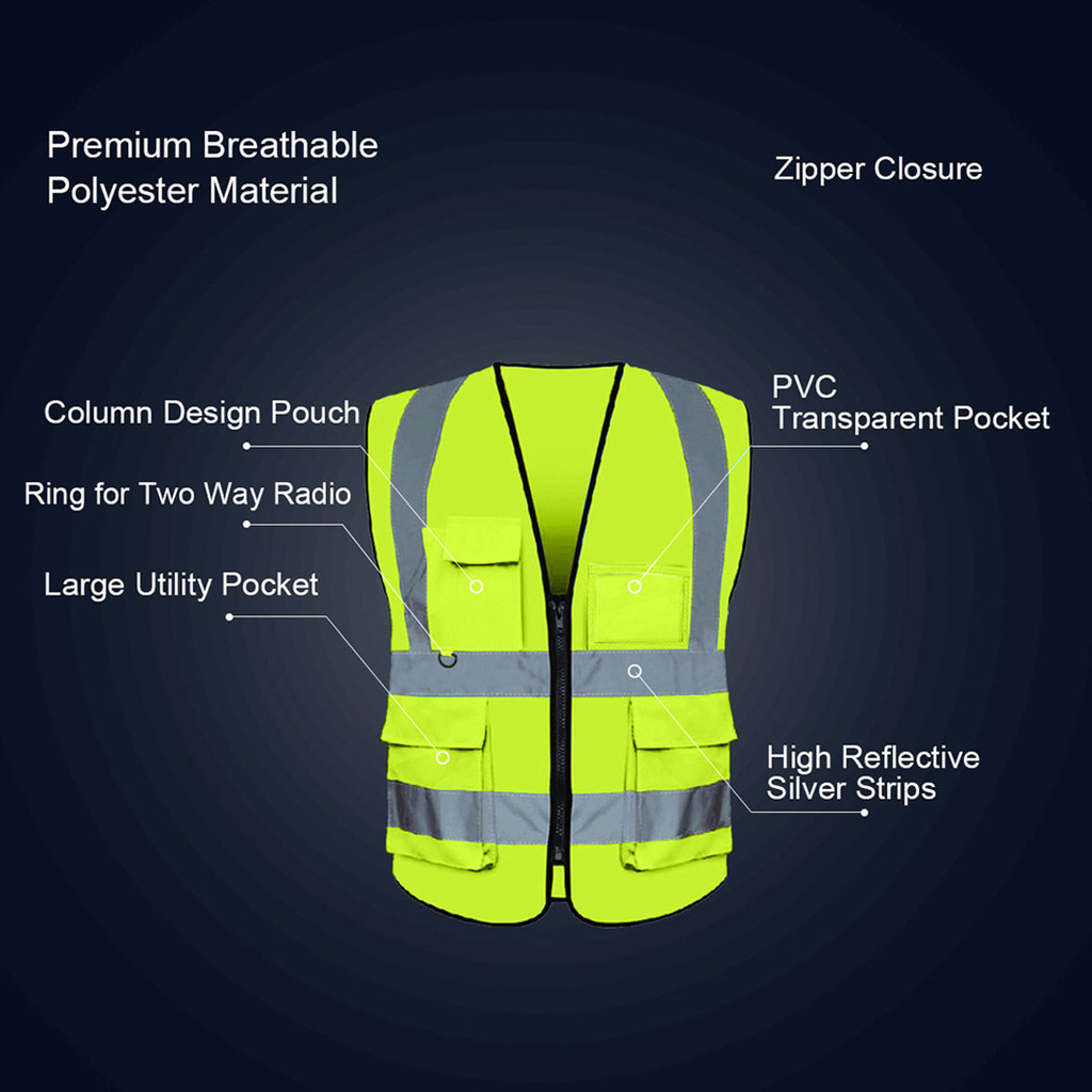 High Visibility Safety Vest Reflective Strips Multi Pockets and Zipper ...