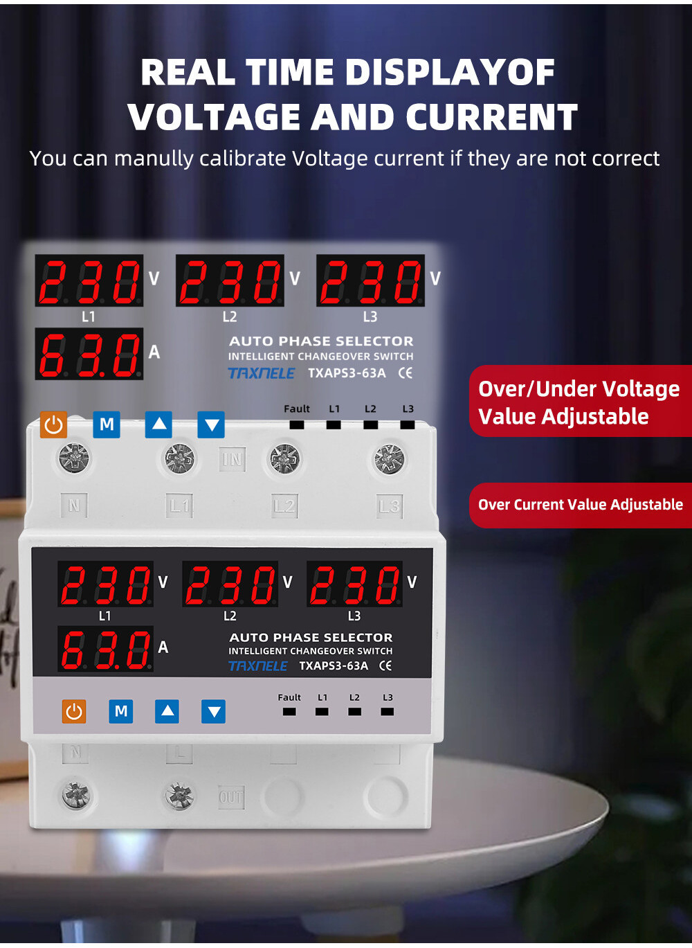 63A ATS Automatic Transfer Switch Over Under Voltage Protector Phase Selector Uninterrupted ...