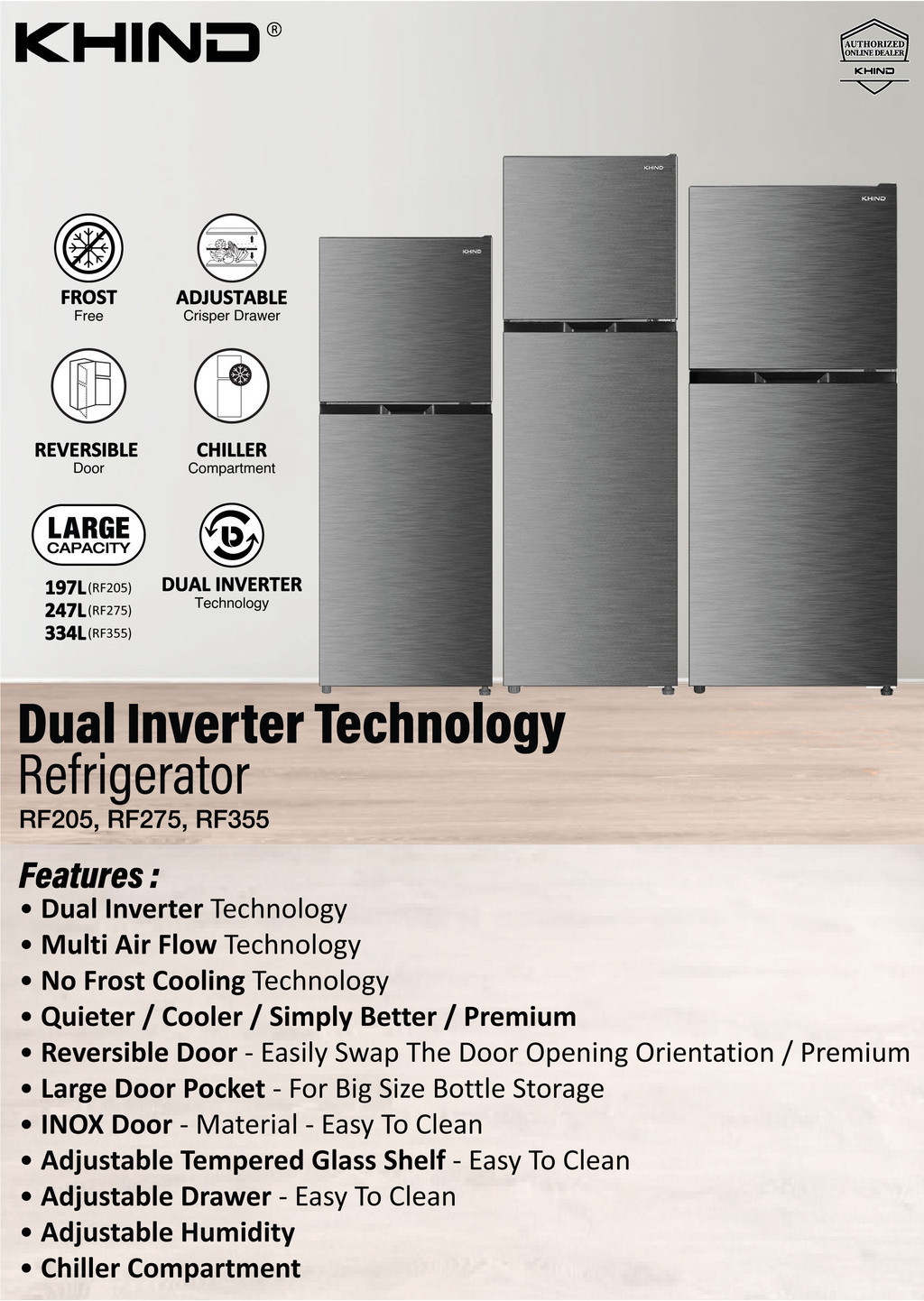 Khind Dual Inverter 2 Door Refrigerator RF205 RF275 RF355 | Shopee Malaysia