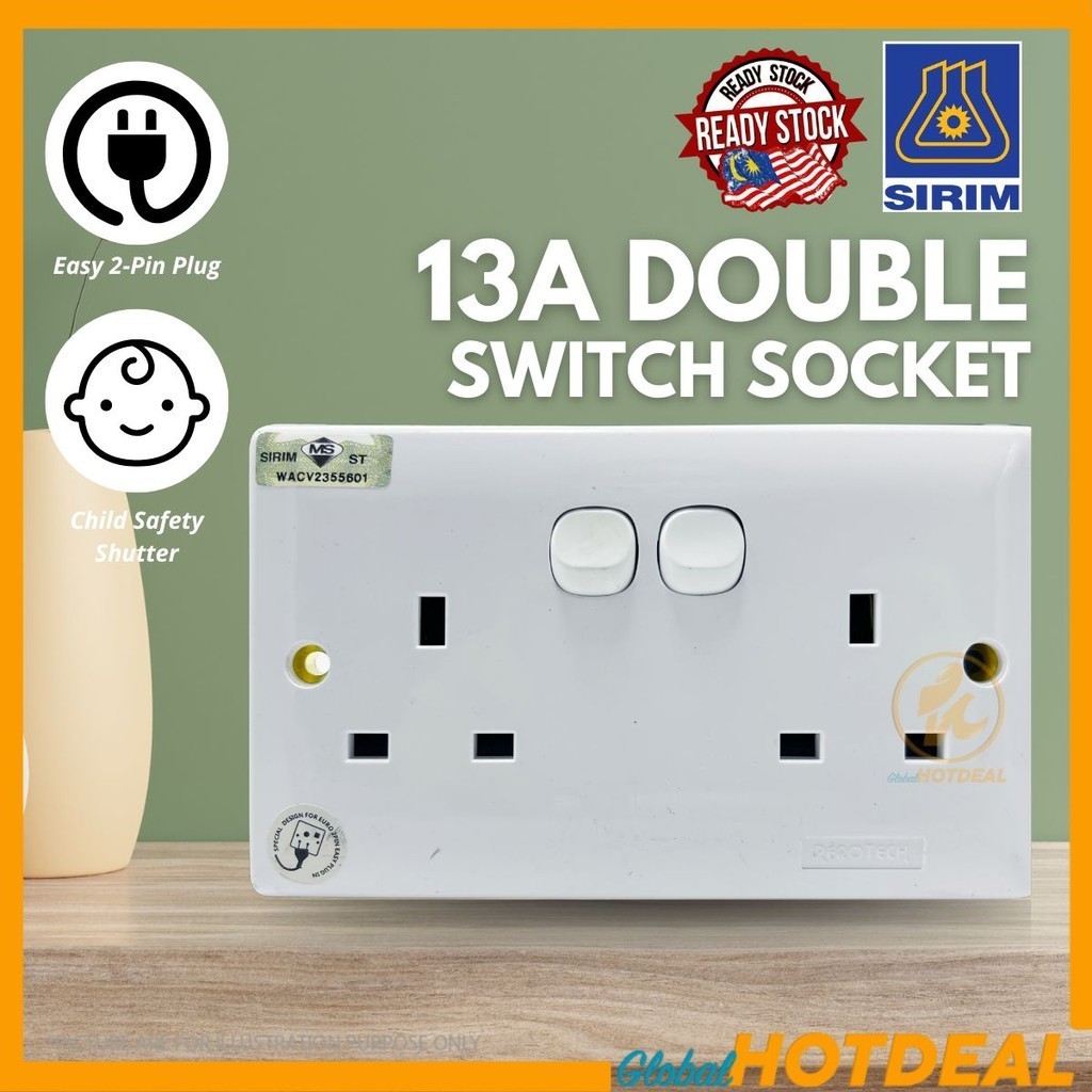 [SIRIM] 13A DOUBLE SWITCH SOCKET 2 Way Switch Socket Switches Wall Socket Extension 3 Pin Plug ...
