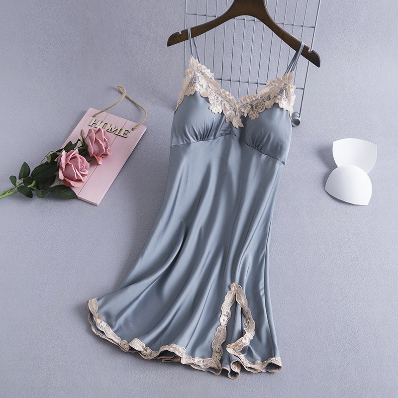 Women's Spring Sexy Ice Silk Korean Fashion Nightdress With Lace Chest PadsThin Nightgowns ...