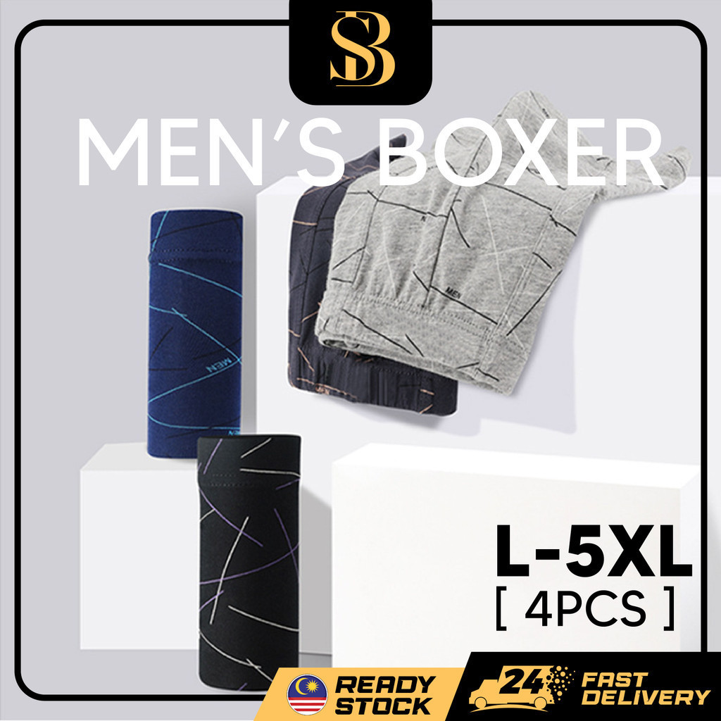 BOSC Men's Boxer 100% Cotton 【4pcs In 1】Breathable Seluar Dalam Dewasa ...