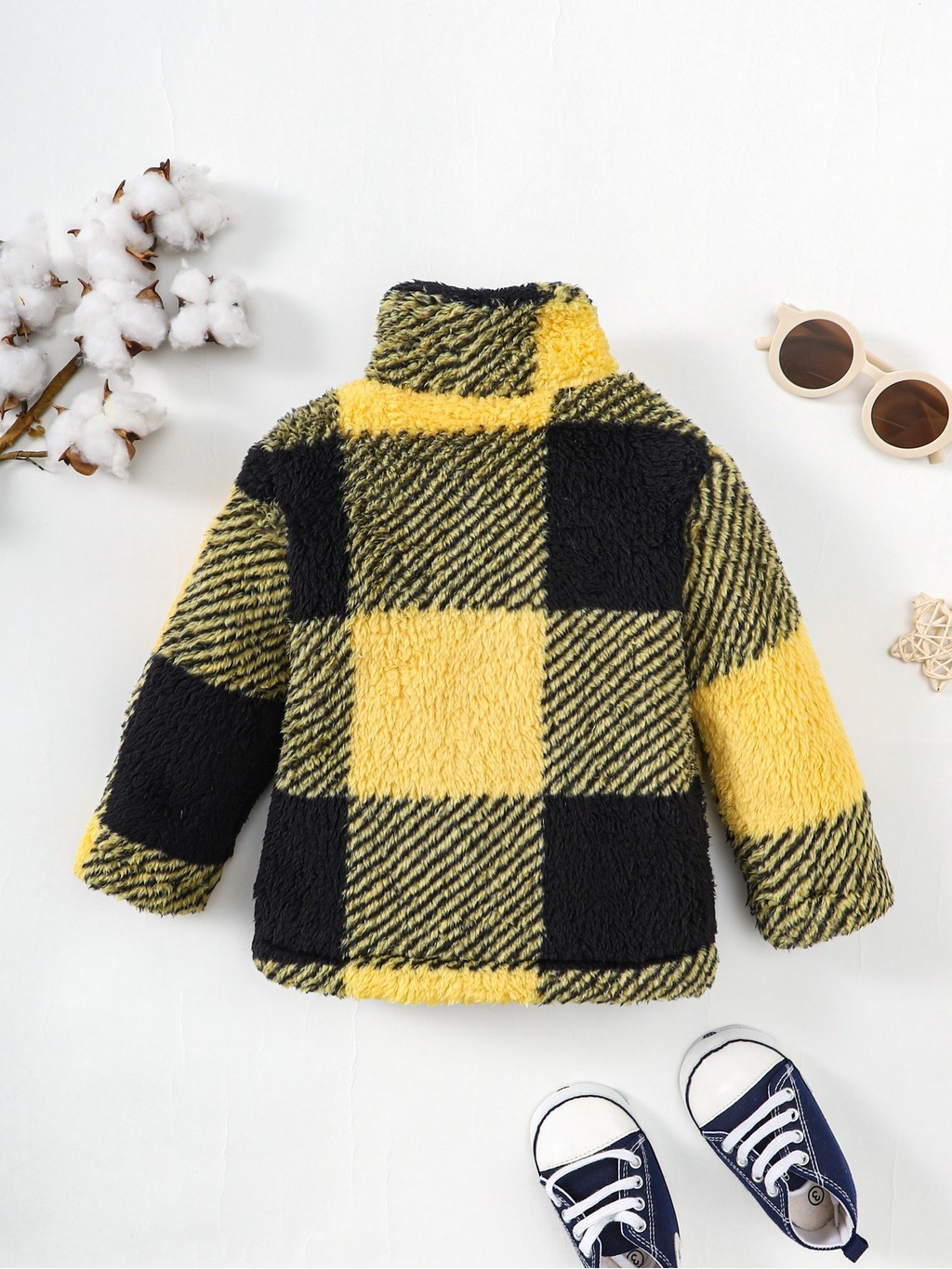 Boys and Girls Warm Plush Jackets in Winter Plaid Coat Black and Yellow ...