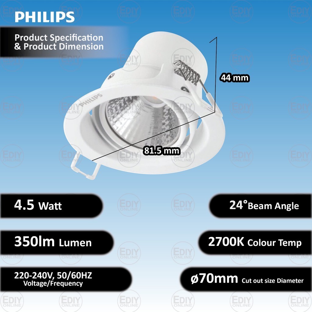 PHILIPS 4.5W LED SPOTLIGHT WARM WHITE EYEBALL CEILING 70MM EYE COMFORT ...
