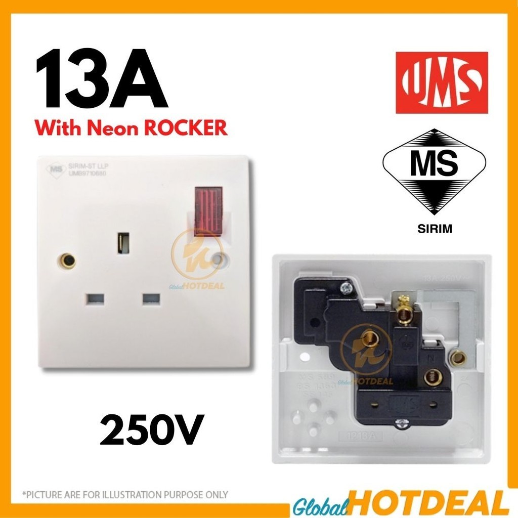 [1PC] UMS NEON 13A Switched Socket Outlet With Neon Rocker Wall Socket ...