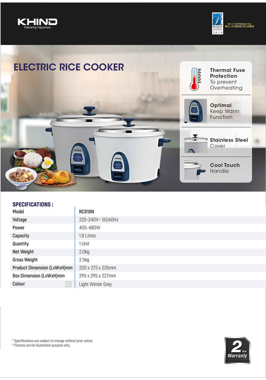 Khind 1.8 Liter Electric Rice Cooker Light Winter Grey RC818N RC818 ...
