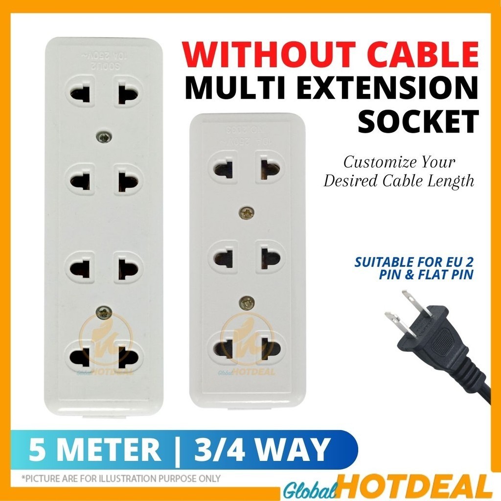 [WITHOUT CABLE] DIY Multi 2 Pin 3 / 4 Way Extension Socket Suitable For ...