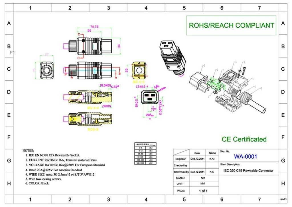 16A 250V IEC Assemble Plug Socket With two Locking Screws, IEC 320 C19 ...