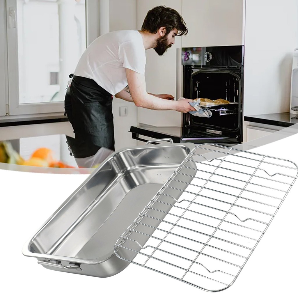 Stainless Steel Deep Roasting Tray Oven Pan Grill Rack Baking Roaster ...