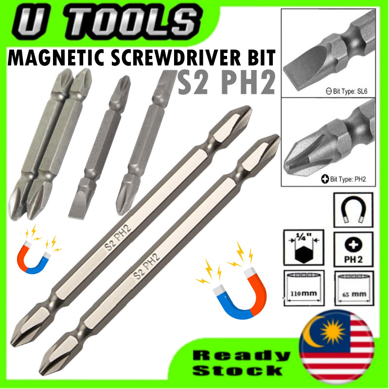 Double Head Screwdriver Bit Magnetic PH2 Phillips Cross and 6mm Flat Slotted Screwdriver Bits 65 ...