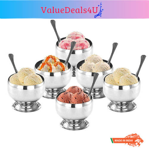 Stainless Steel Ice Cream Cups with Spoon Set of 6 Serving Bowl for Ice ...