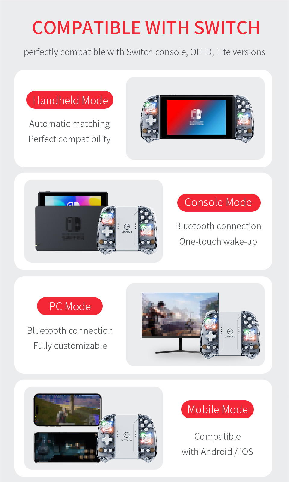 LinYuvo Wireless Gamepad KS58 for Switch&OLED with Turbo/Vibration/6-Axis Gyro/Wake-up Function ...