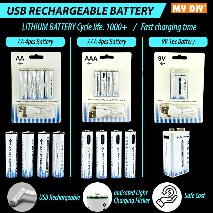 USB RECHARGEABLE LITHIUM BATTERY 4PCS AAA 1.5V / 4PCS AA 1.5V / 1PCS 9V ...