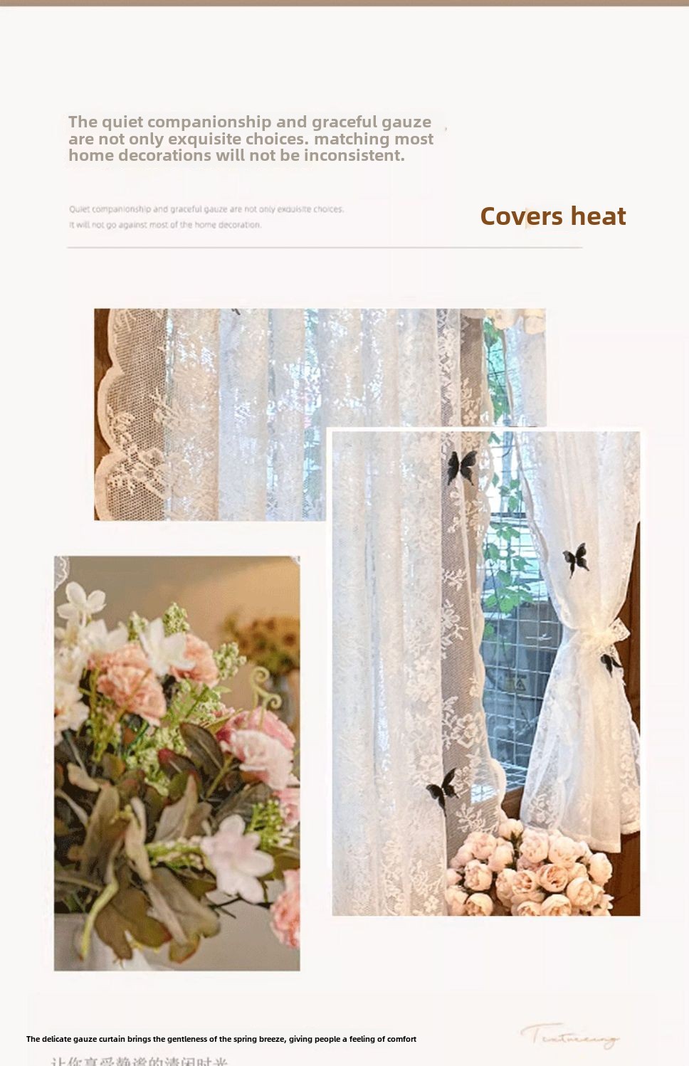 Lace Window Screen Perforation-Free French White Gauze Curtain Velcro ...