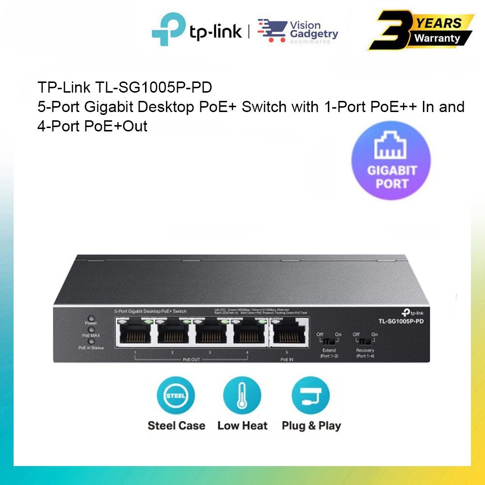 TP-Link TL-SG1005P-PD 5-Port Gigabit Desktop PoE+ Switch with 1-Port PoE++ In and 4-Port PoE+Out ...