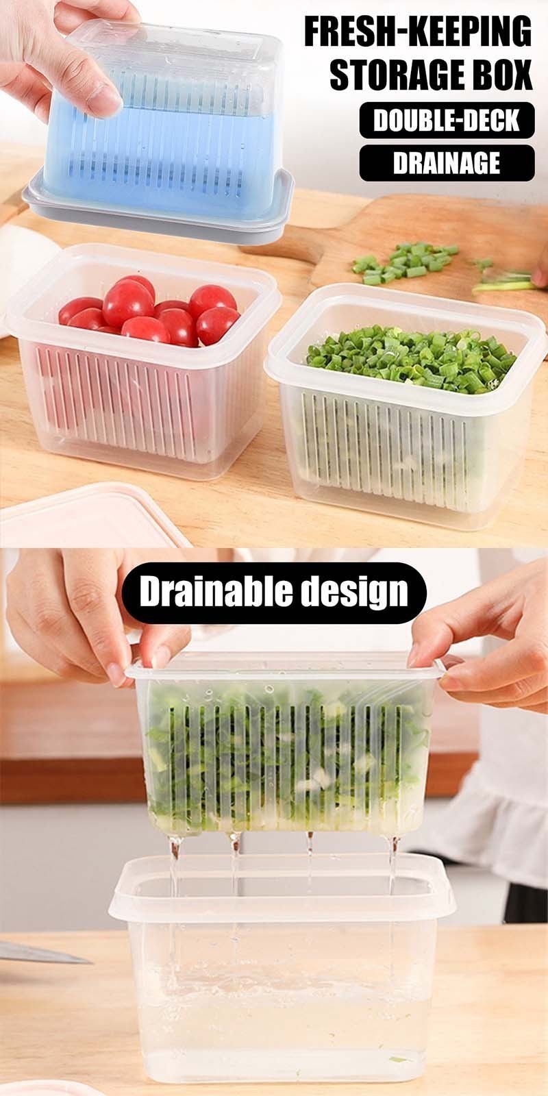 Vegetable Fruit Keeper - Double-Layer Sealed Box With Drain Basket ...