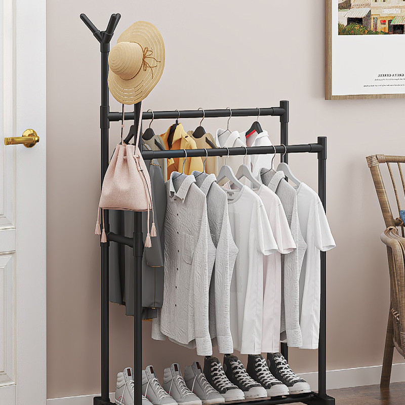 Double Pole Clothes Rack With Wheel Cloth Hat Handbag Hook Hanger Cloth ...