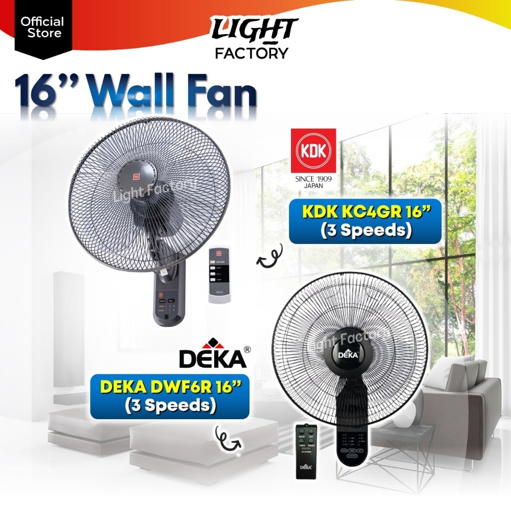 KDK KC4GR 3 Blades Remote Wall Fan | DEKA DWF6R 16" 3 Speeds with ...