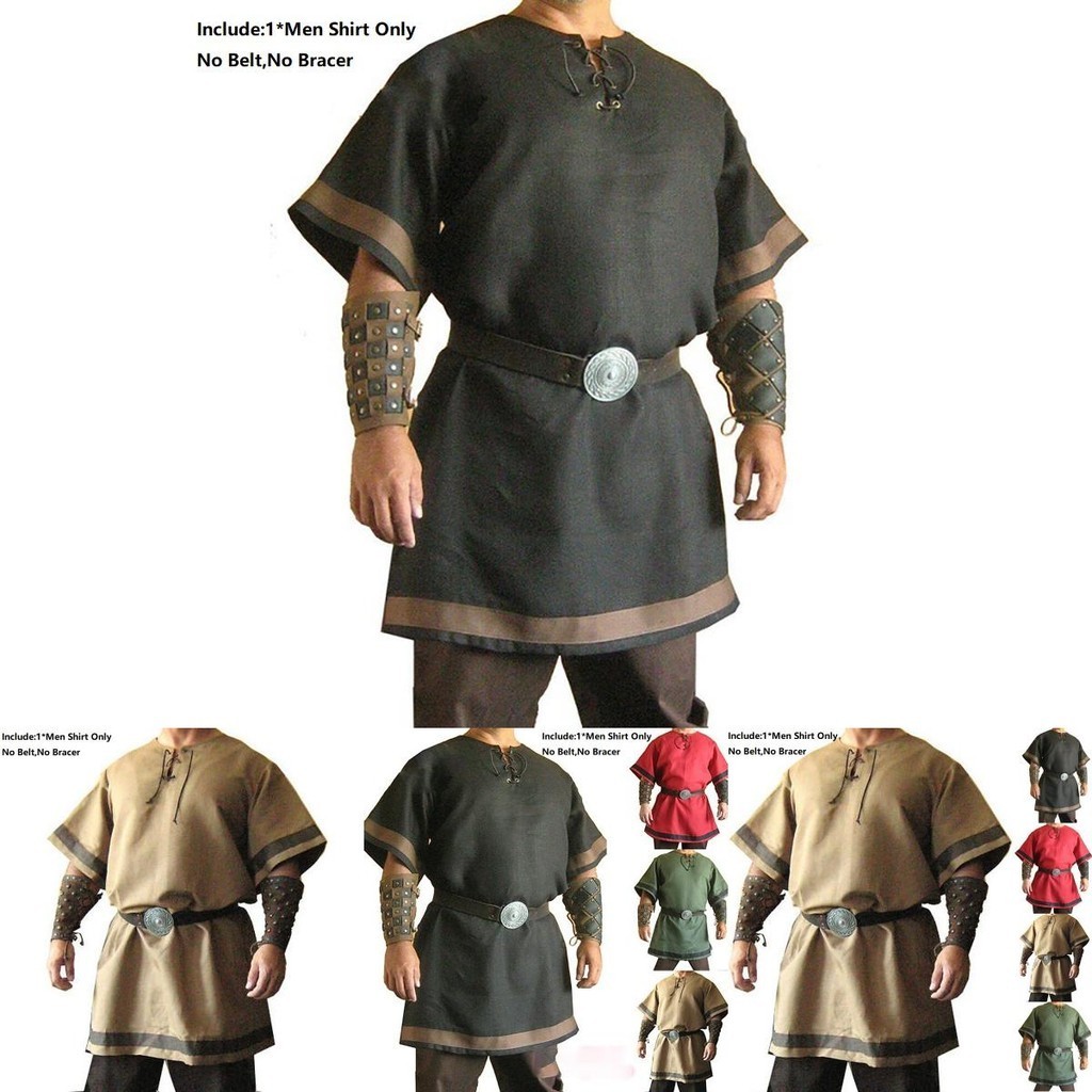 Viking Norman Medieval Costume Halloween Short Sleeve Tunic Tops Long ...